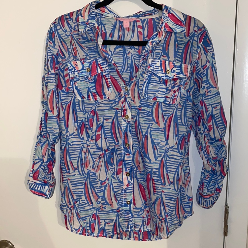 Original Lilly Pulitzer Red Right Return Button Up Top - Gem